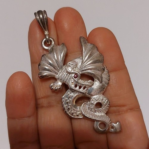 Silver Tone Winged Chinese Dragon Pendant Red Rhinestone Eye | eBay