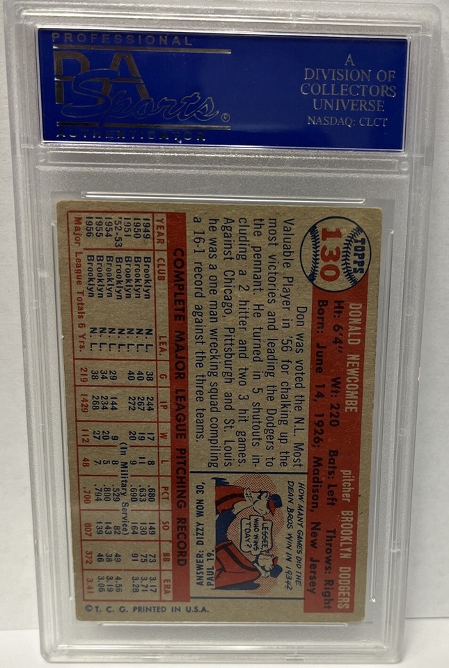 1957 Topps #130 Don Newcombe (Brooklyn Dodgers, ROY, MVP, Cy Young) PSA ...