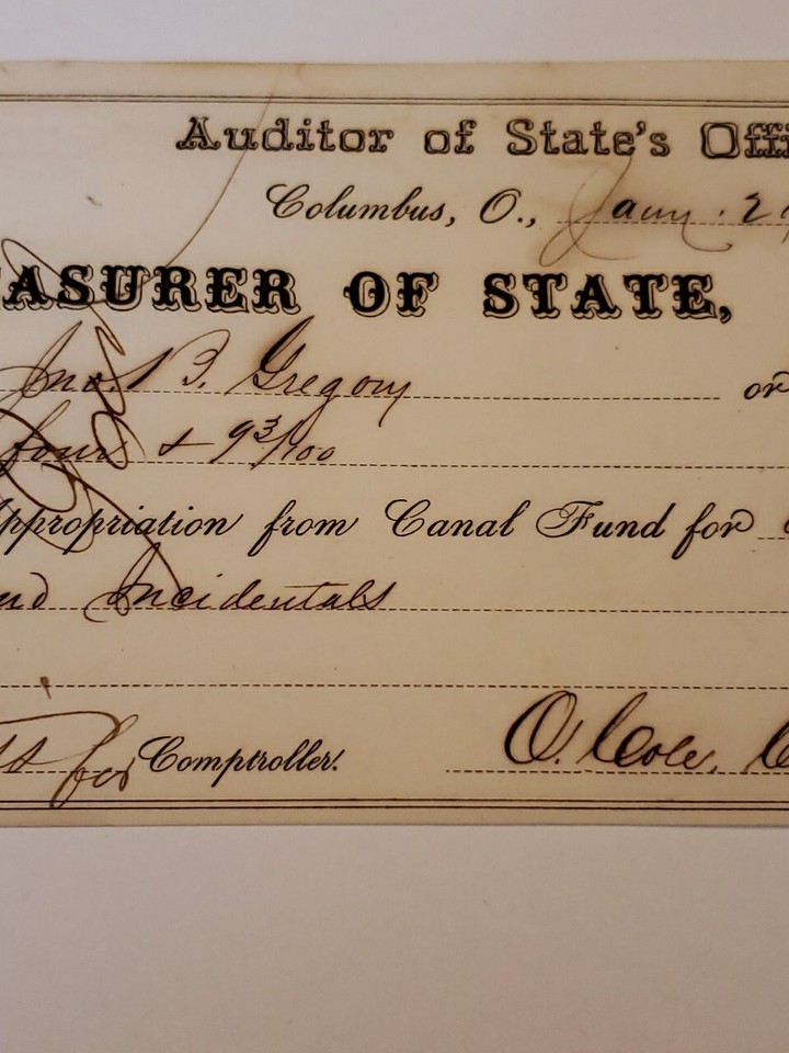 1863 Columbus Ohio Treasurer of State Payment from Canal Fund Bank ...