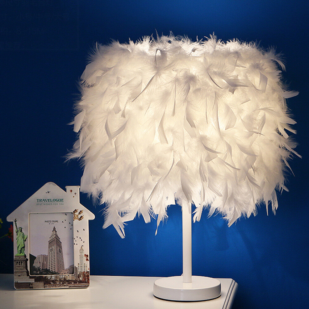 Feather Shade Table Lamp White Lampshade Bedside Night Light Room Home ...