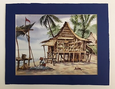 Askar, Original Signed Beach Palmtrees Watercolor, Art | eBay