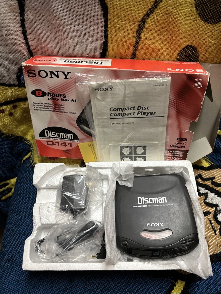 Vintage Sony Discman w/ Mega Bass D-141 w/ Power Adaptor, Original Box ...