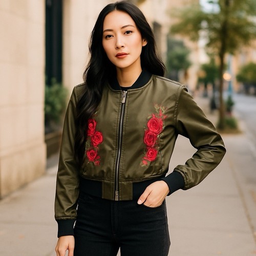 Emory Park Women's Jacket Embroidered Flowers Olive Green Full Zip S ...
