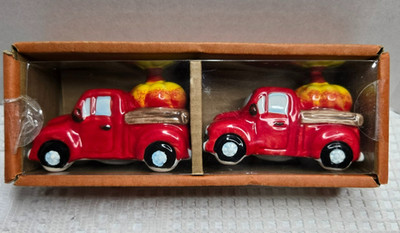 Fall Farmhouse Decor Red Truck Pumpkin Salt & Pepper Shakers Ceramic ...