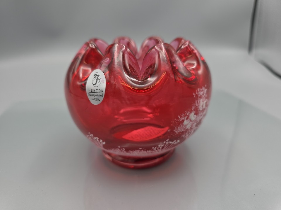 Fenton Cranberry Red Hand Painted Rose Bowl w/ Deer Scene - Signed | eBay