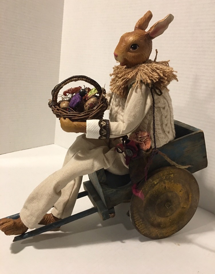 OOAK Primitive Easter Folk Art Rabbit Doll in Wooden Cart | eBay