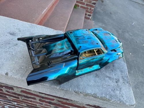CUSTOM PAINTED RC BODY, TRAXXAS SLEDGE BLUE CHROME FLAMES, AIRBRUSHED ...