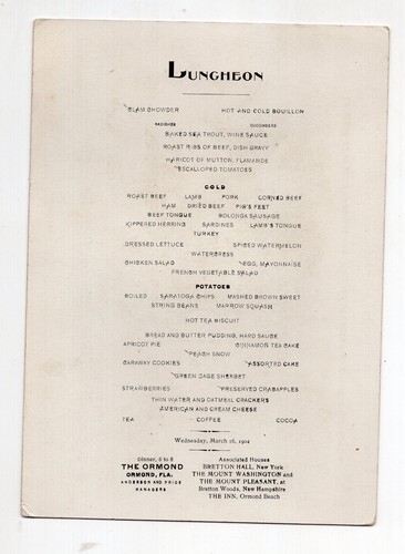 1904 The Ormond Hotel Menu, Ormond, Florida | eBay