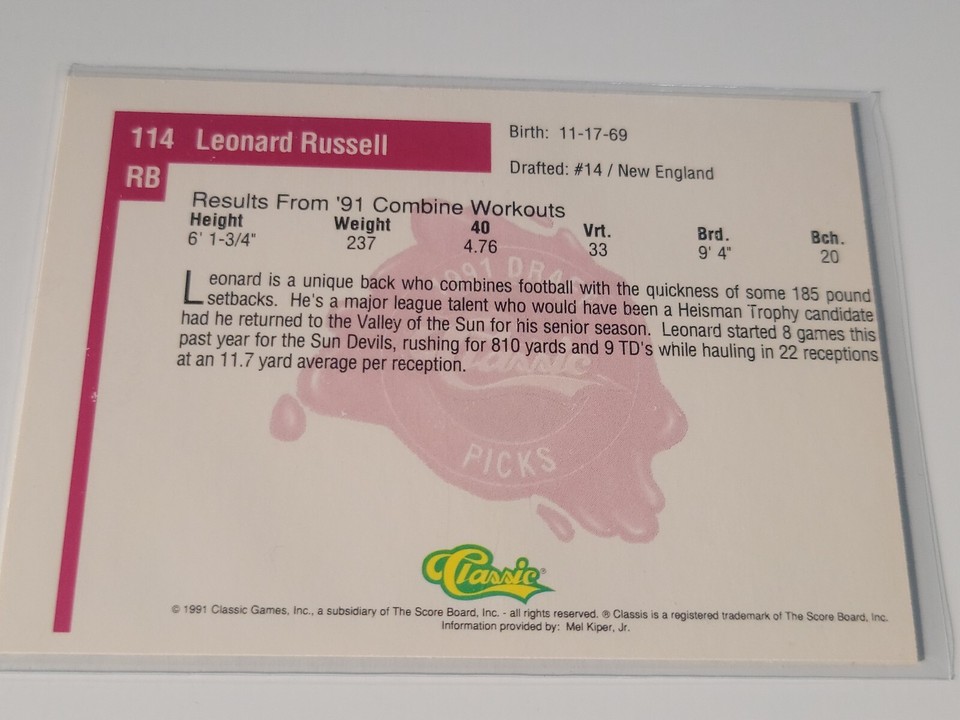 LEONARD RUSSELL 1991 Classic Draft #114. PATS | eBay