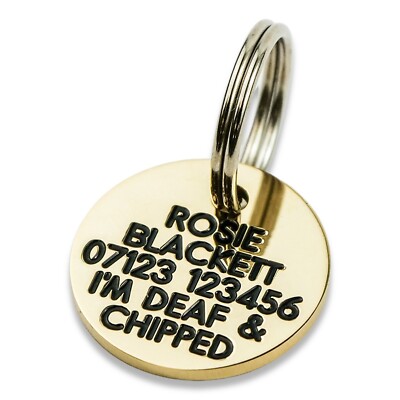 Deeply engraved solid brass dog tag, 21mm disc. Up to 4 lines on each ...