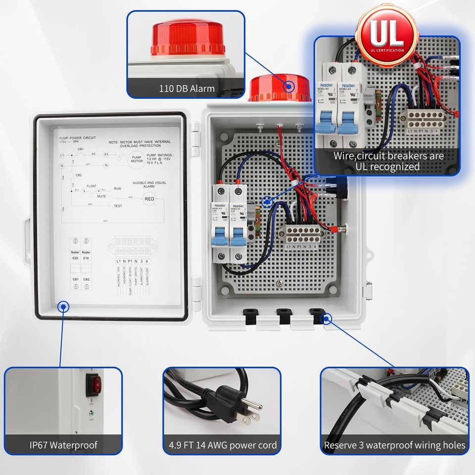 Septic Control Panel with Septic Alarm, Pump Circuit Breaker, 14 AWG ...