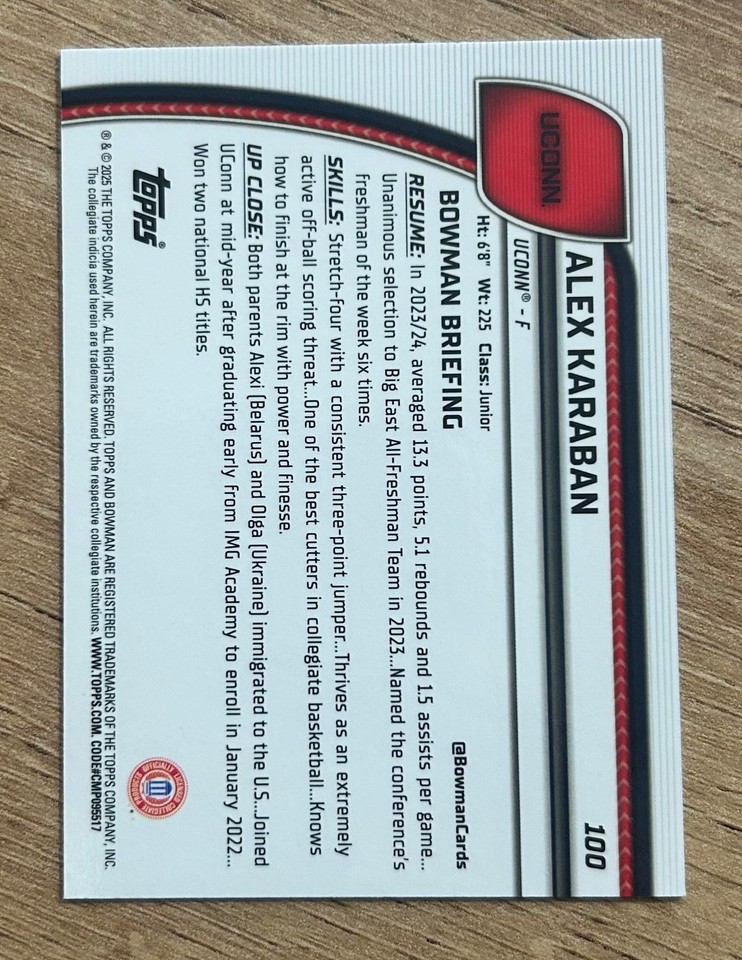 2025 Bowman Chrome U Alex Karaban 1st Bowman #100 UConn Rookie | eBay