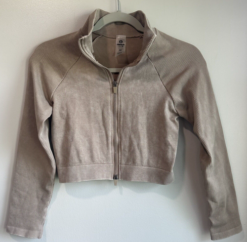 Women's Mono B Cropped Raglan Ribbed Zip-up Jacket Beige Taupe Size M ...