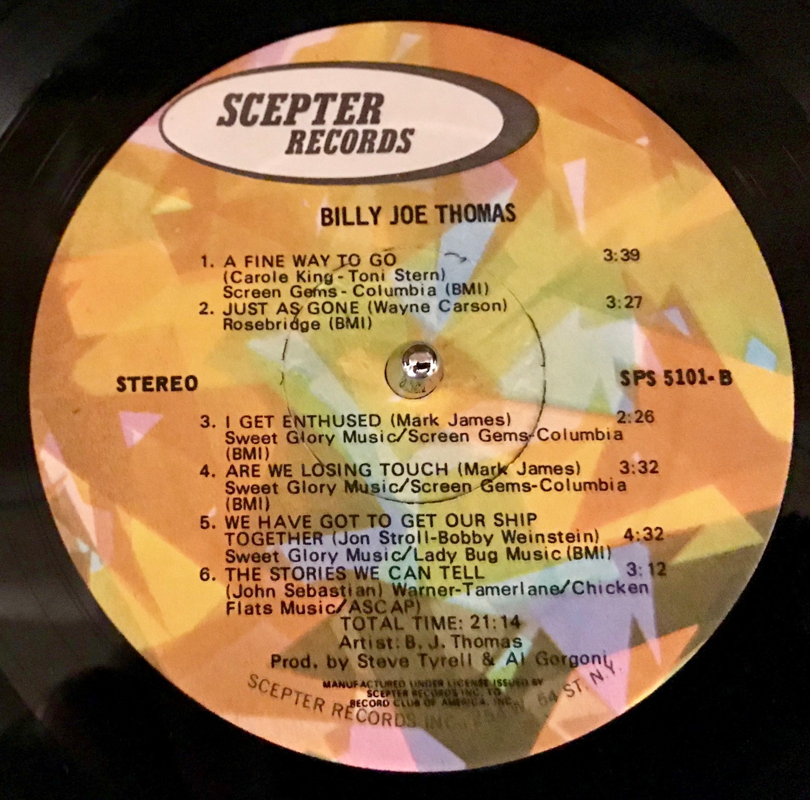 B. J. THOMAS "Billy Joe Thomas" Vinyl LP Original 1972 Scepter SPS 5101 ...