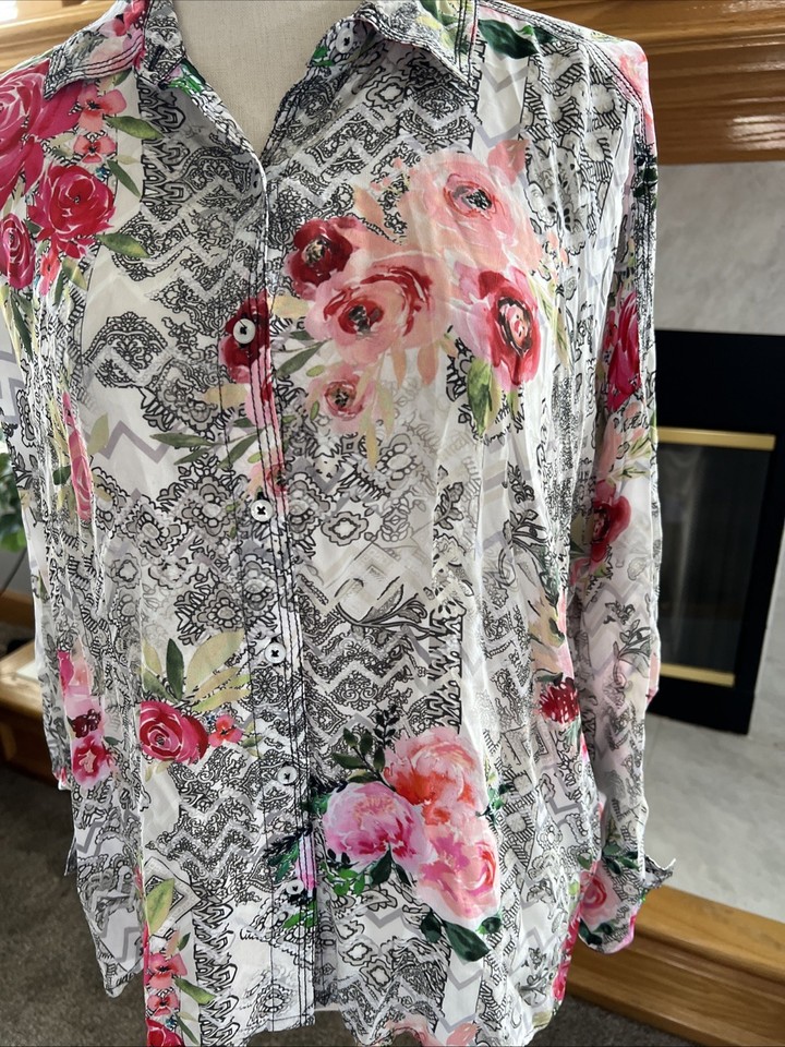 TOLANI M PINK BUTTON UP FLORAL SHIRT LONG ROLL TAB SLVS 100% CUPRO | eBay