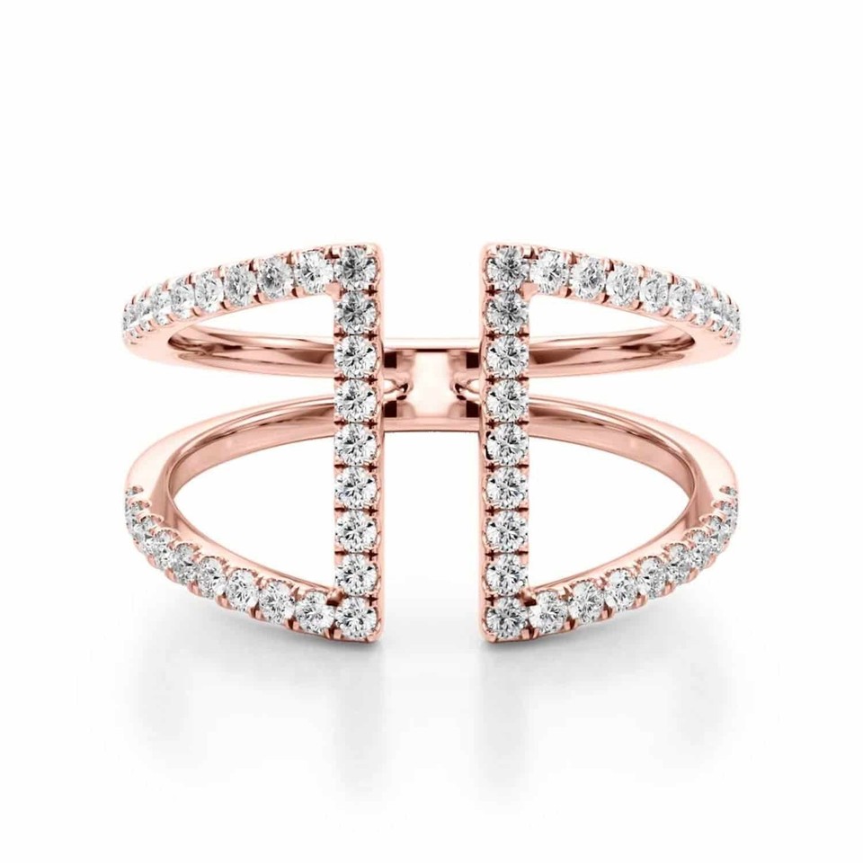0.50CTW Natural Diamond 14K Rose Gold Bridge Connected Dual Band Ring ...
