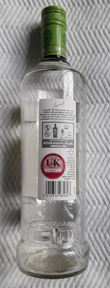 Smirnoff Apple Vodka Bottle EMPTY 70cl Clear Glass With Original Screw ...