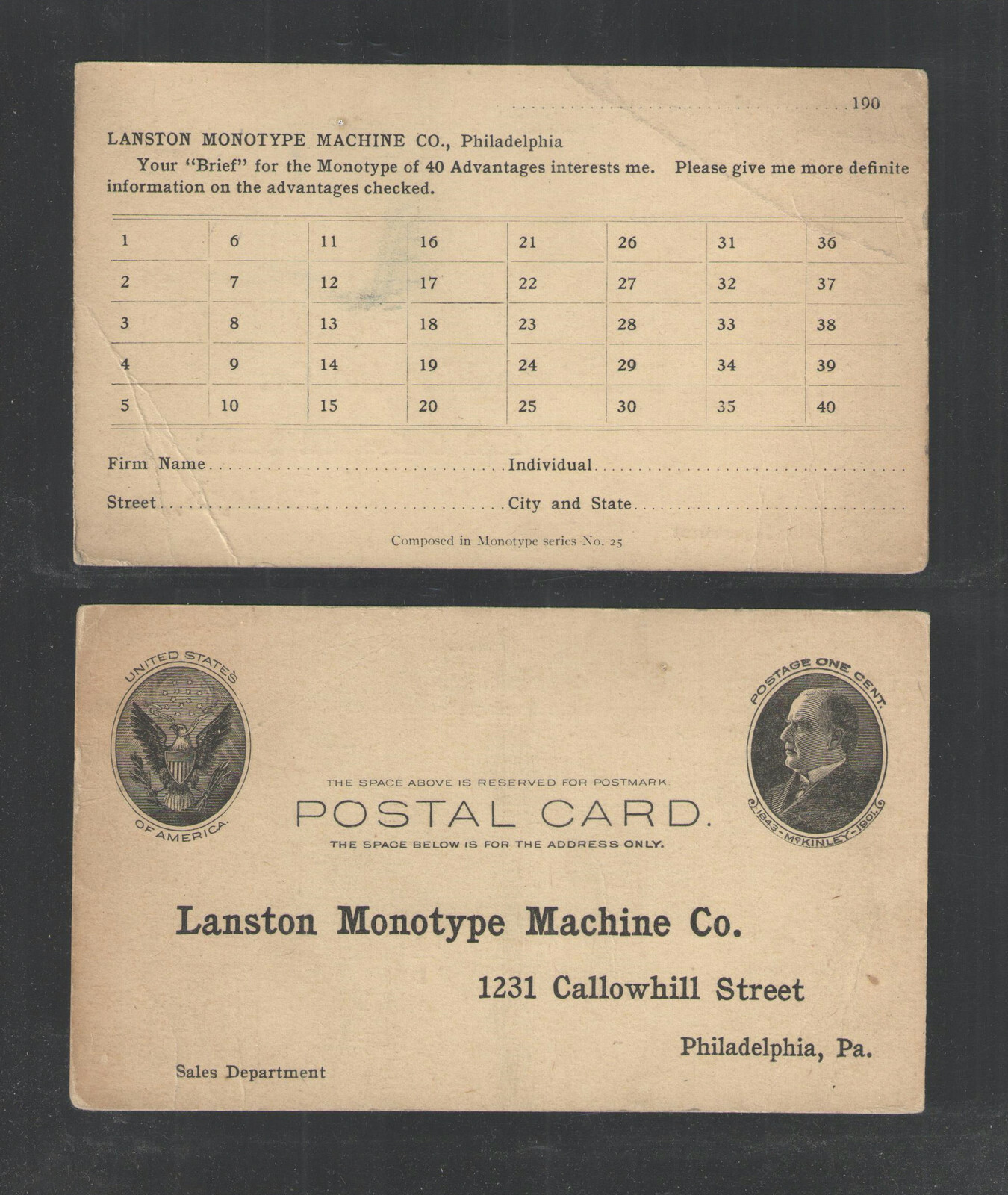 190x LANSTON MONOTYPE MACHINE CO PHILADELPHIA PA ADVERTISING US POSTAL ...