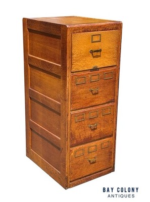 Antique Arts & Crafts Tiger Oak Four Drawer Office File Cabinet - Brass ...