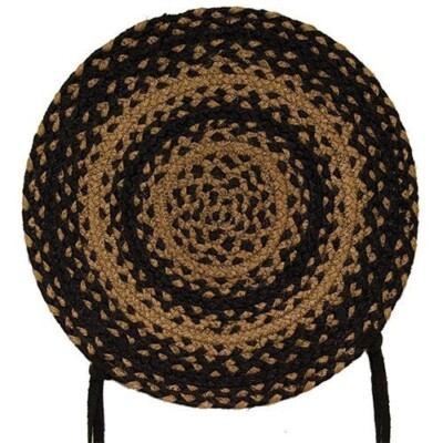 NEW PRIMITIVE CHAIR PAD BLACK TAN Braided Jute Ties Country Farmhouse ...