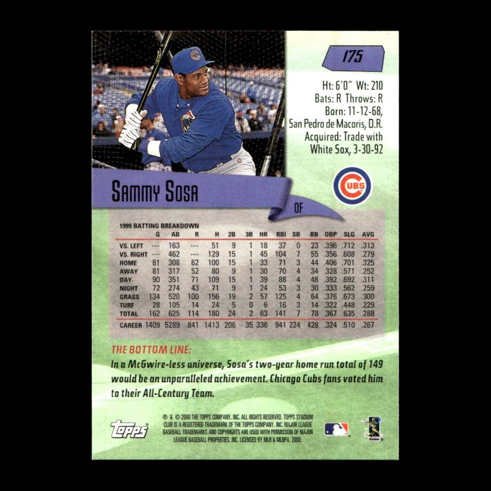 Sammy Sosa 2000 Stadium Club Chicago Cubs #175 R314B 76 | eBay