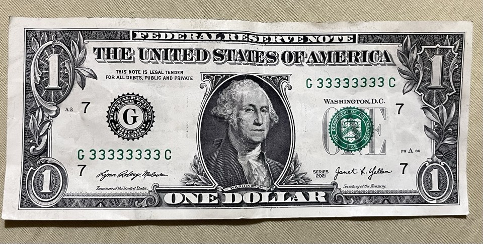 Solid 3’s G 33333333 C $1 Federal Reserve Note Solid Serial Number 2021 ...