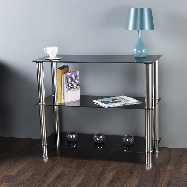 Black Glass 3 Tier Shelving Unit Shelf Storage Display Cabinet Metal ...