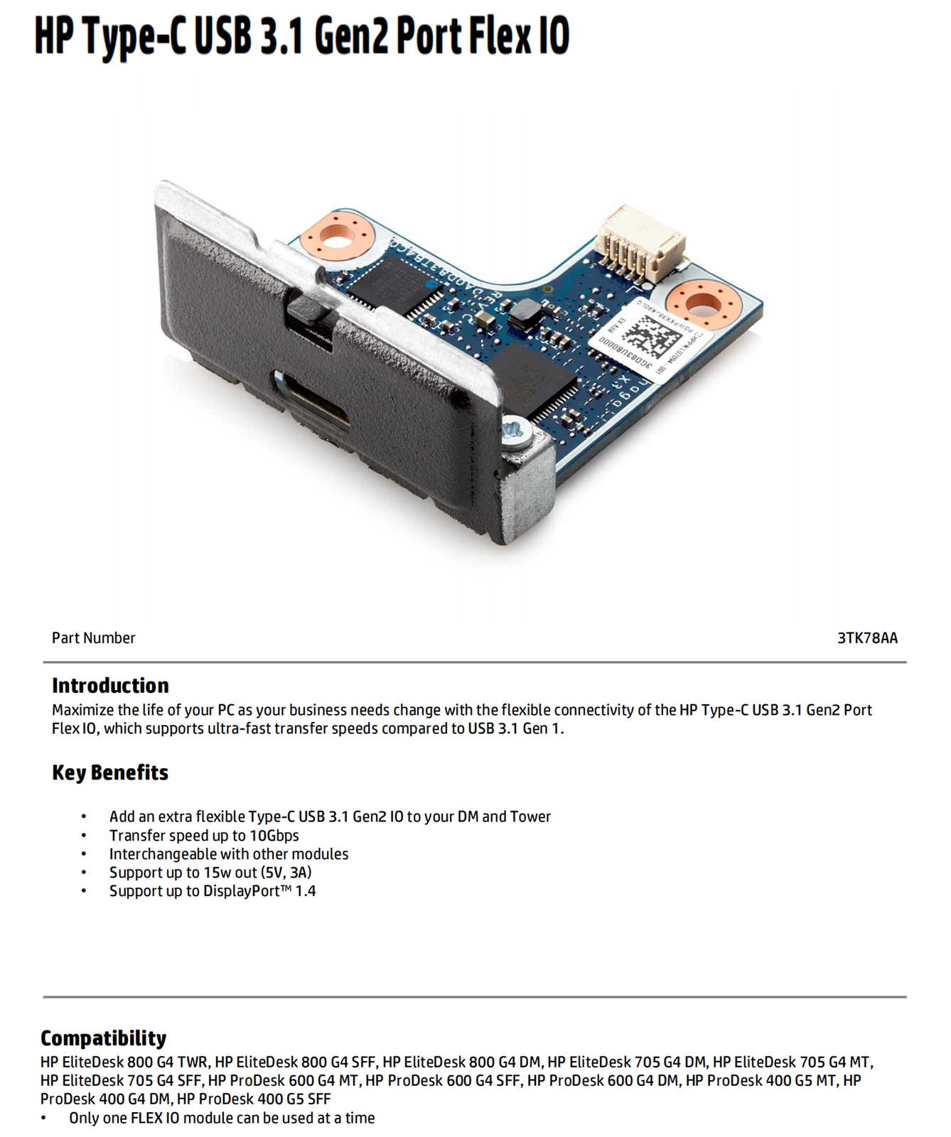 HP Type-C USB 3.1 Gen2 Port Flex IO Option Card 3TK78AA for EliteDesk ...