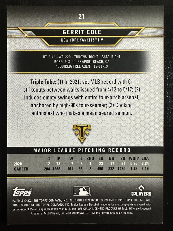 Gerrit Cole 2021 Topps Triple Threads Card Amber /199 New York Yankees ...