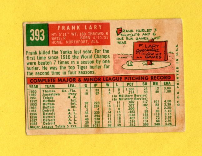 1959 Topps Frank Lary #393 Detroit Tigers G/VG FREE SHIPPING | eBay