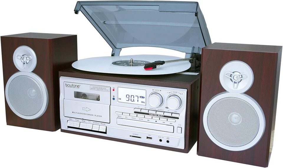 Boytone BT-28SPS Bluetooth Record Player Turntable, AM/FM, Cassette, CD ...