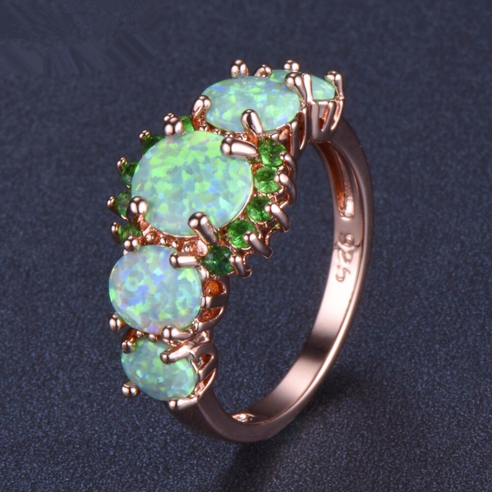ARSKRO Hawaiian Rose Gold Green Opal Rings Sliver Opal Rings For Women ...