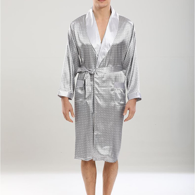 2Pcs Men Gown Bathrobe Pajamas Set Floral Faux Silk Satin Shorts ...