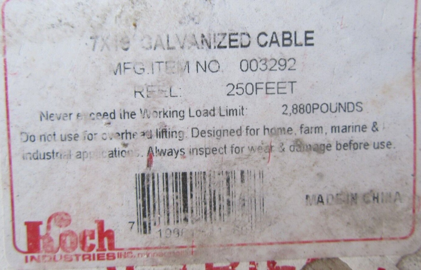 Koch Galvanized Wire Rope Aircraft Cable 3/8" 7x19 25, 50 100 Ft Choose ...