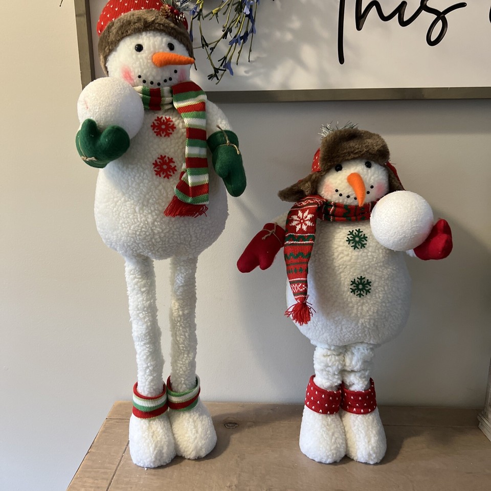 Set Of 2 Fabric Christmas Snowmen With Expandable Legs By Valerie Parr ...