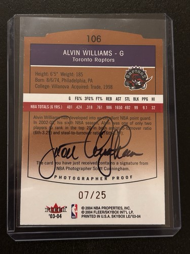 2004 Fleer Alvin Williams With NBA Photographer Scott Cunningham’s Auto ...