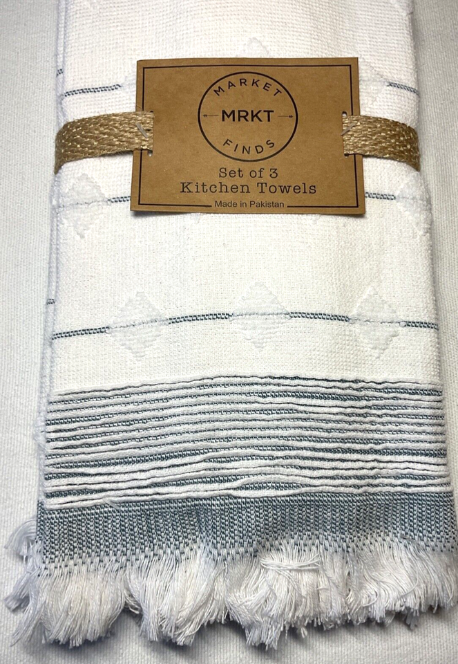MARKET FINDS KITCHEN TOWELS (3 ) WHITE BLUE STRIPE 100% COTTON NWT | eBay