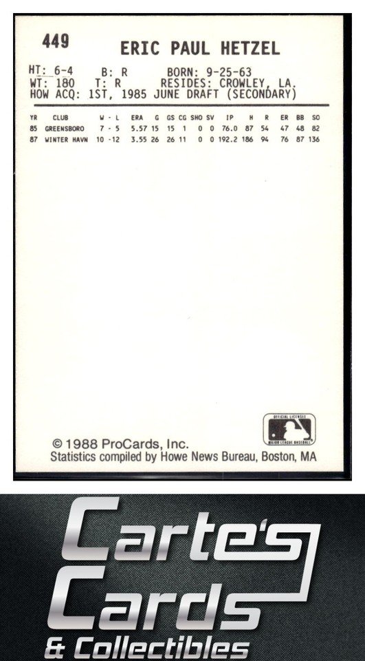 Eric Hetzel 1988 ProCards #449 Pawtucket Red Sox | eBay