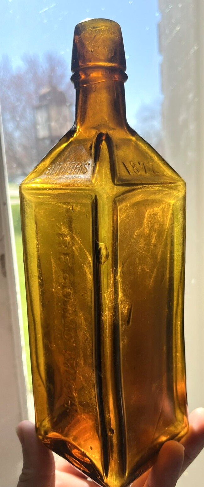 NICE GOLDEN AMBER GERMAN HOP BITTERS BOTTLE READING, MI 1872 SEMI CABIN ...