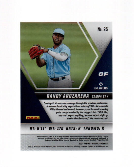2021 Panini Mosaic Baseball Randy Arozarena Base Card #25 Tampa Bay ...