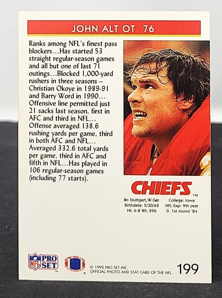 JOHN ALT Signed Autographed 1992 Pro Set Football Card #199 Kansas City ...