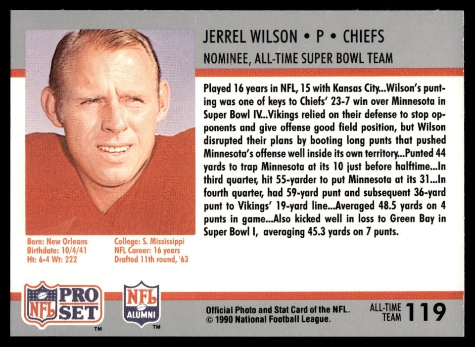 1990 Pro Set Super Bowl Jerrel Wilson Kansas City Chiefs #119 | eBay