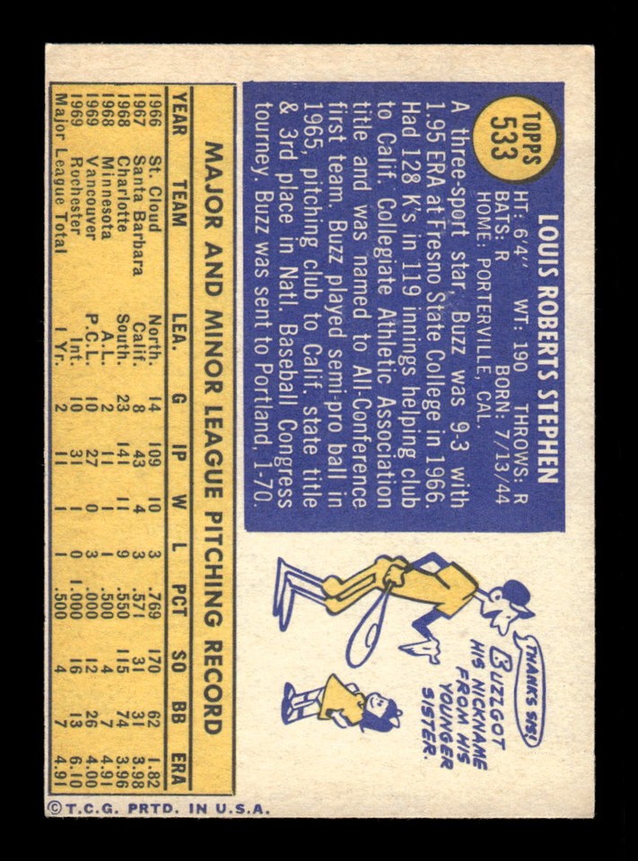1970 Topps Baseball #533 Buzz Stephen RC EXCELLENT MC Seattle Pilots | eBay