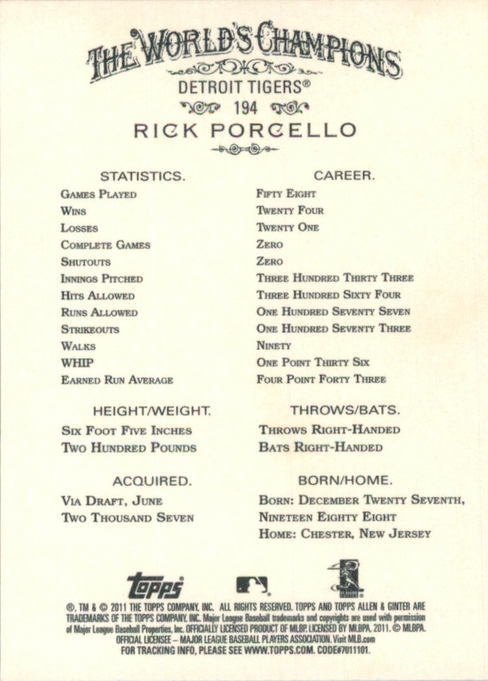 2011 Allen & Ginter Rick Porcello #194 | eBay