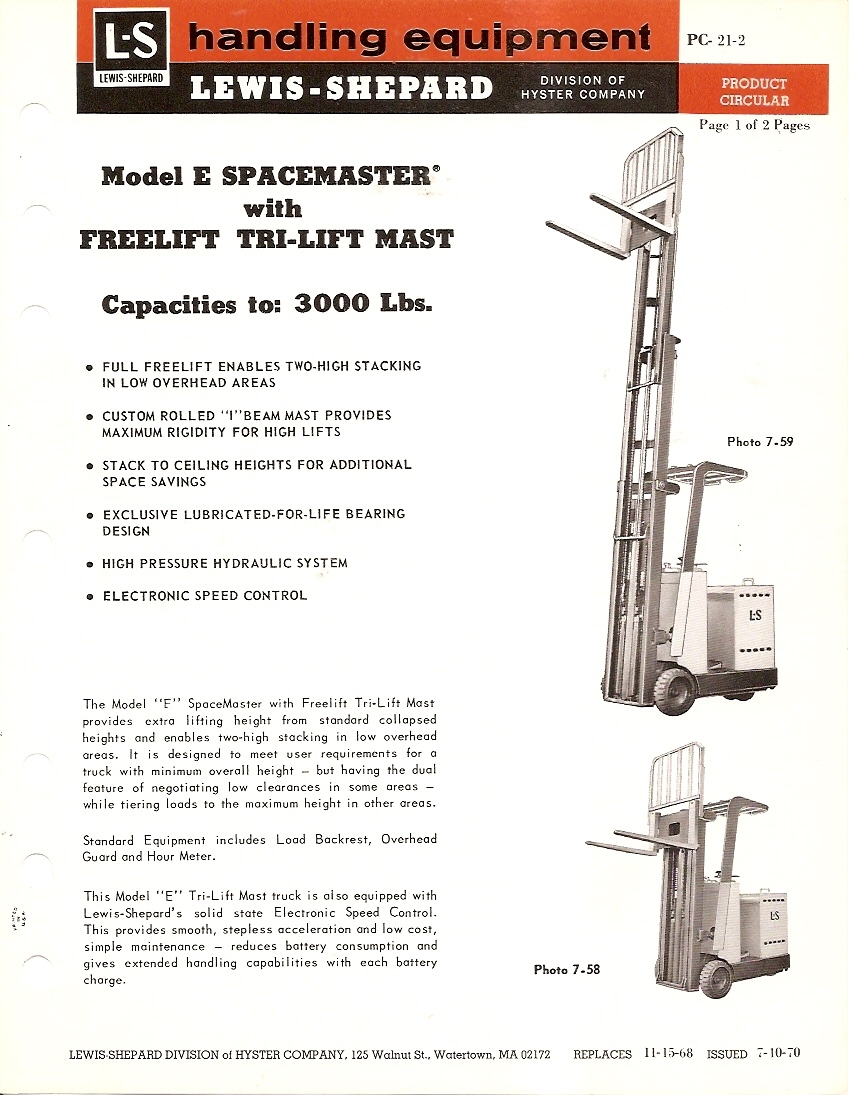 Fork Lift Truck Brochure - Lewis-Shepard - Model E Spacemaster - 5 item ...