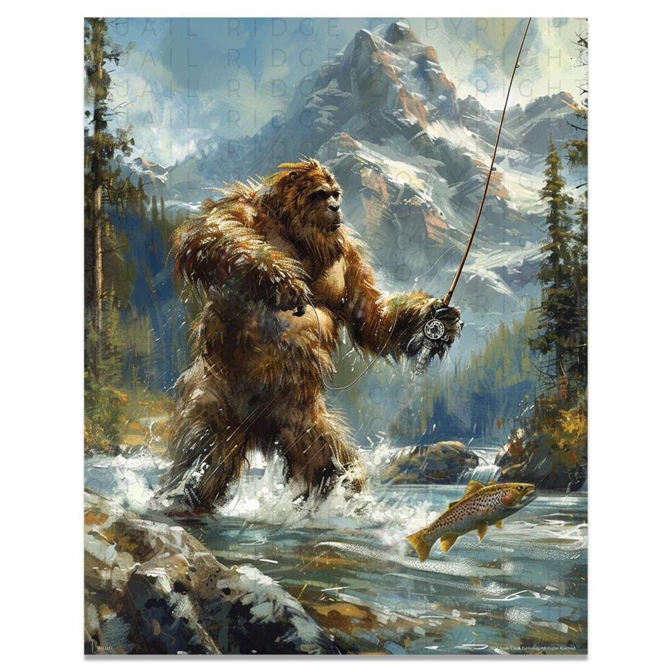Vintage Sasquatch Bigfoot Art Print Fly Fishing Artwork Fishing Cabin ...