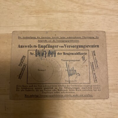 German WWII WW2 Period Ausweis fur Empfanger Versorgungsrenten Pension ...