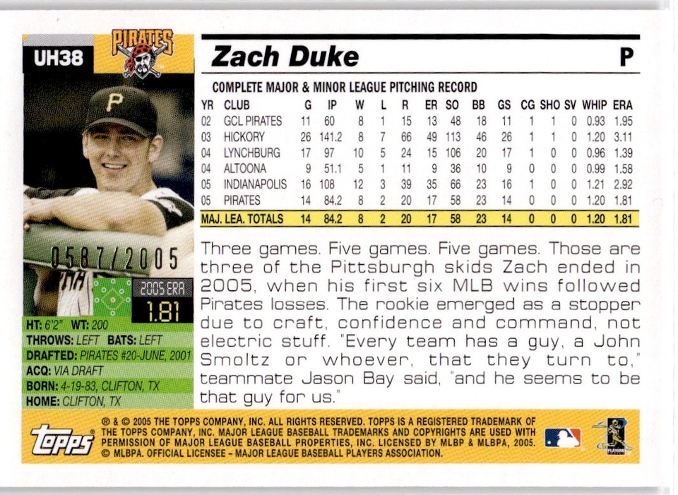 2005 Topps Updates & Highlights - Zach Duke #UH38 Gold /2005 | eBay