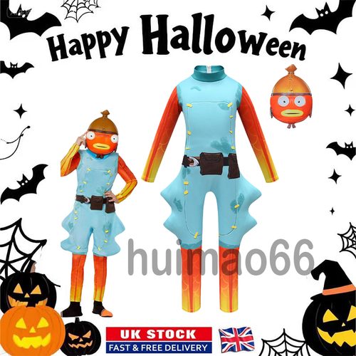 Kids Fortnite's Fishstick Costume Halloween Fancy Dress Jumpsuit Mask ...