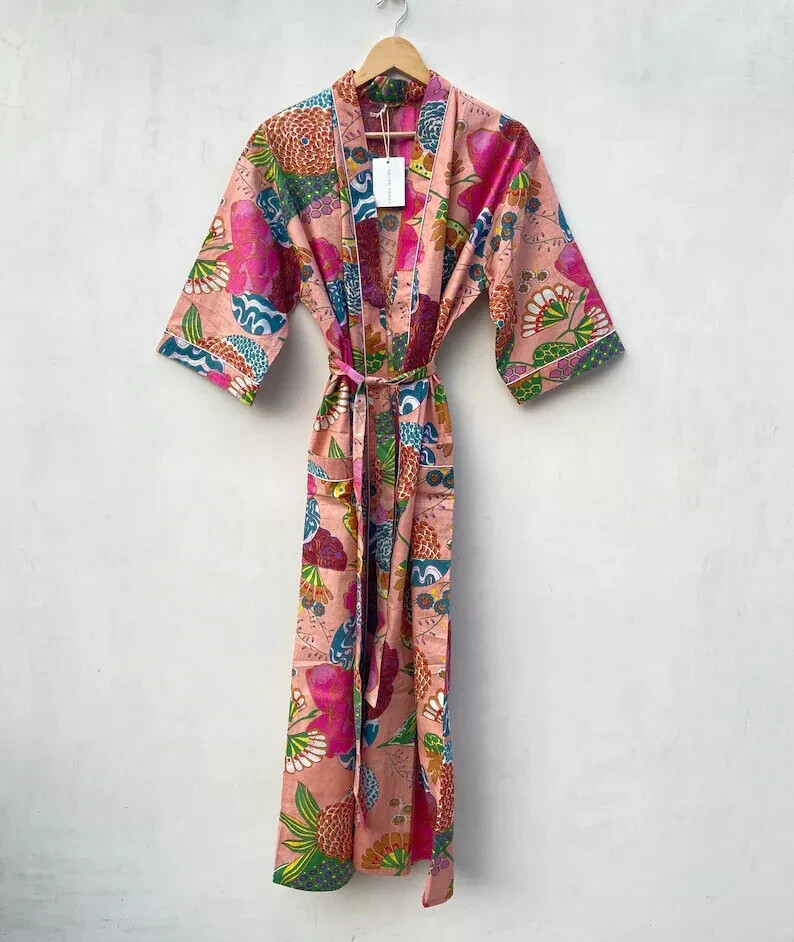Indian Floral Peach 100% Cotton Kimono Robes Bridal Night Maxi Kimono ...
